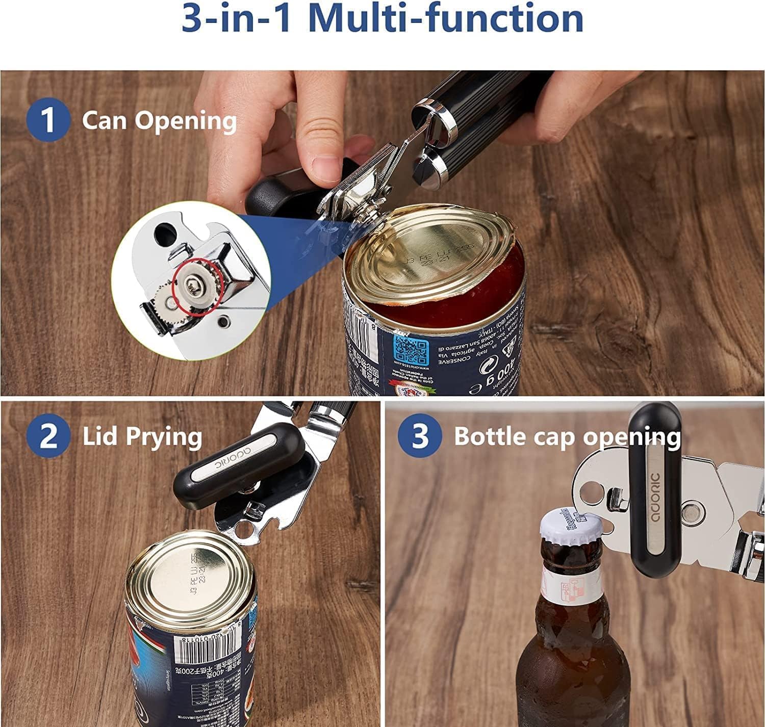 Can Opener Manual, Can Opener Smooth Edge, Food-Safe Multifunctional Can Openers Stainless Steel Manual Can Opener with Non-Slip Handle & Large Knobe, Ultra Sharp Cutting for Seniors with Arthritis