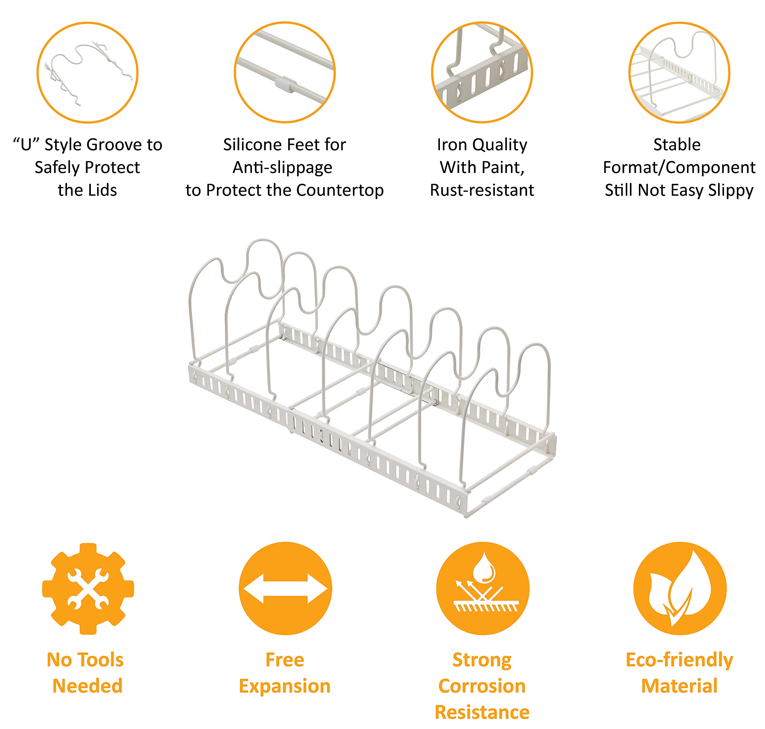 COZIMORE Pots and Pans Organizer,Pan Organizer rack for cabinet, and Rack Organizer with 7 dividers,Dish Rack for Cabinets, Lid Organizer, Cabinet Organizer WHITE
