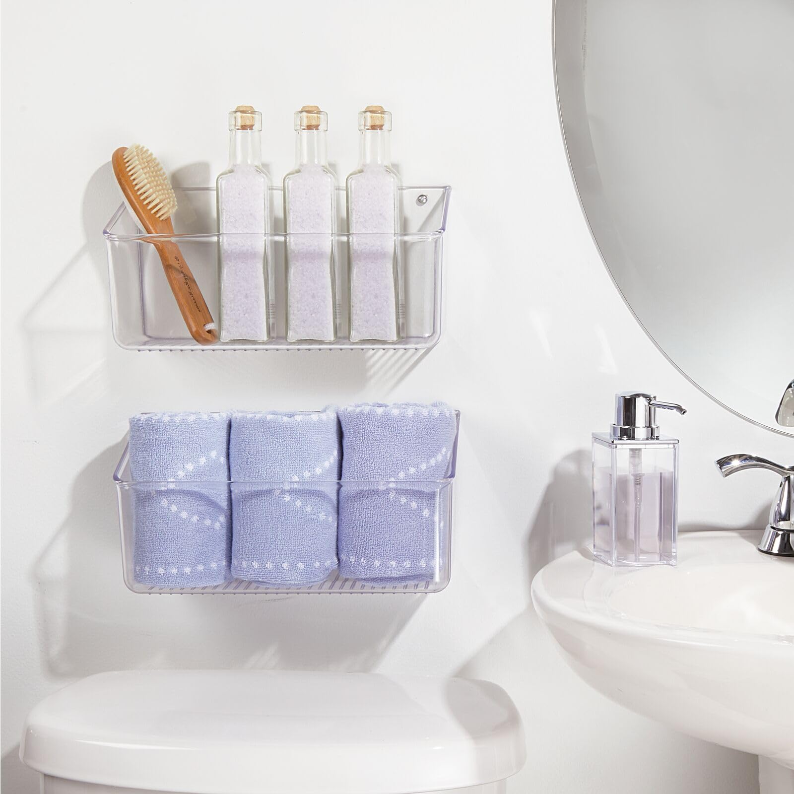 mDesign Plastic Wall Mount Organizer - 12" Wide Hanging Caddy for Home Storage - Angled Mountable Container Bin for Dorm, Bathroom, and Office - Phone Holder Basket - Ligne Collection - 2 Pack -Clear