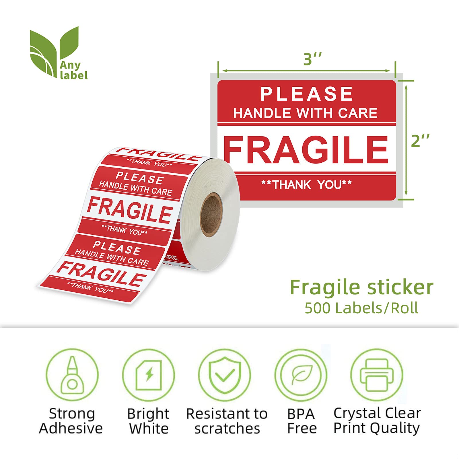Anylabel 3 x 2 inch Handle with Care Fragile Thank You Warning Packing Shipping Label Stickers Permanent Adhesive (1 Roll, 500 Labels)