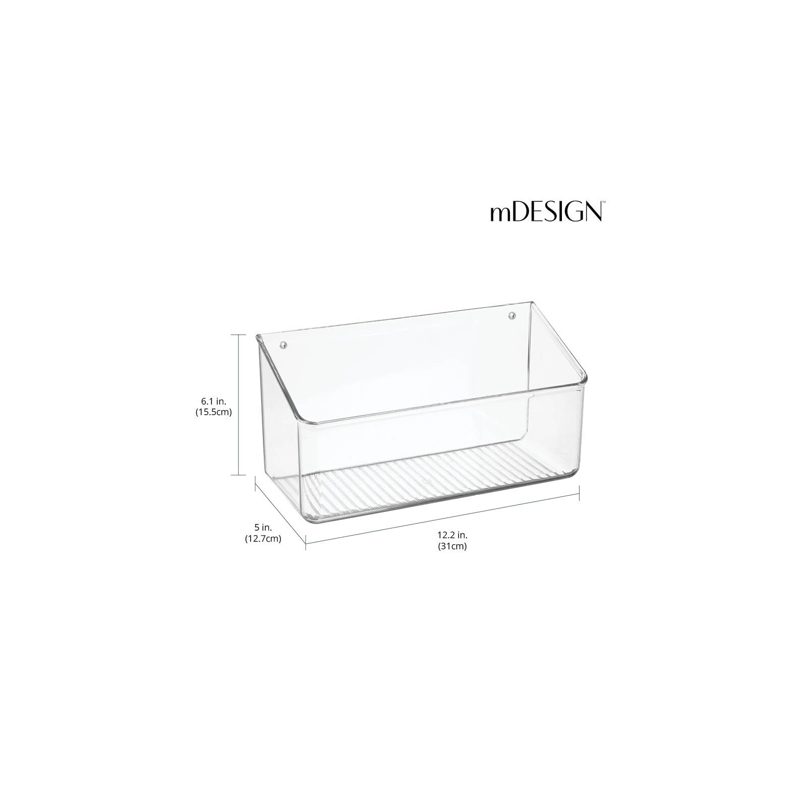 mDesign Plastic Wall Mount Organizer - 12" Wide Hanging Caddy for Home Storage - Angled Mountable Container Bin for Dorm, Bathroom, and Office - Phone Holder Basket - Ligne Collection - 2 Pack -Clear