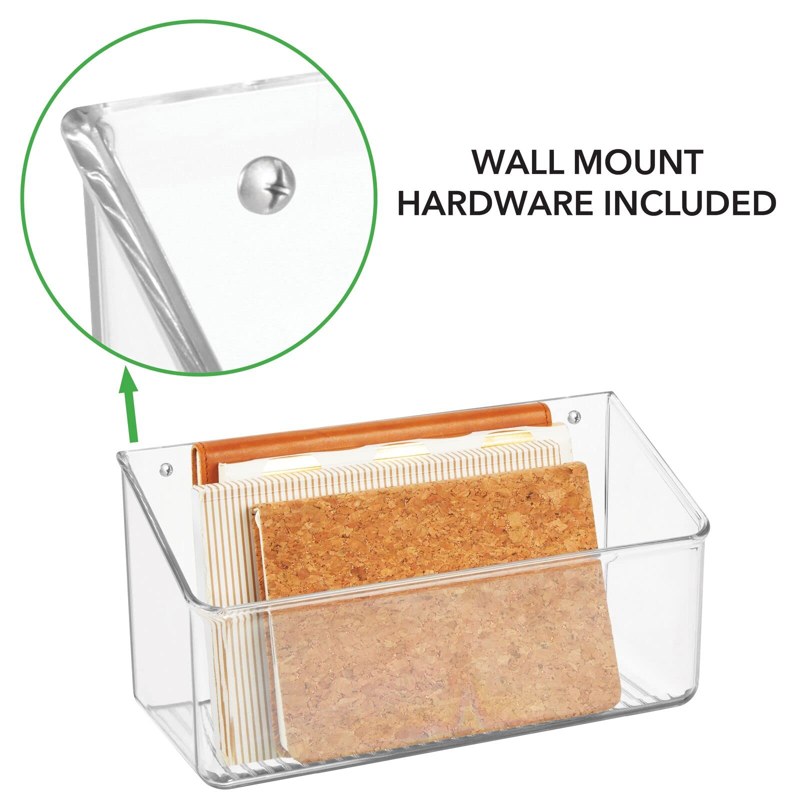 mDesign Plastic Wall Mount Organizer - 12" Wide Hanging Caddy for Home Storage - Angled Mountable Container Bin for Dorm, Bathroom, and Office - Phone Holder Basket - Ligne Collection - 2 Pack -Clear