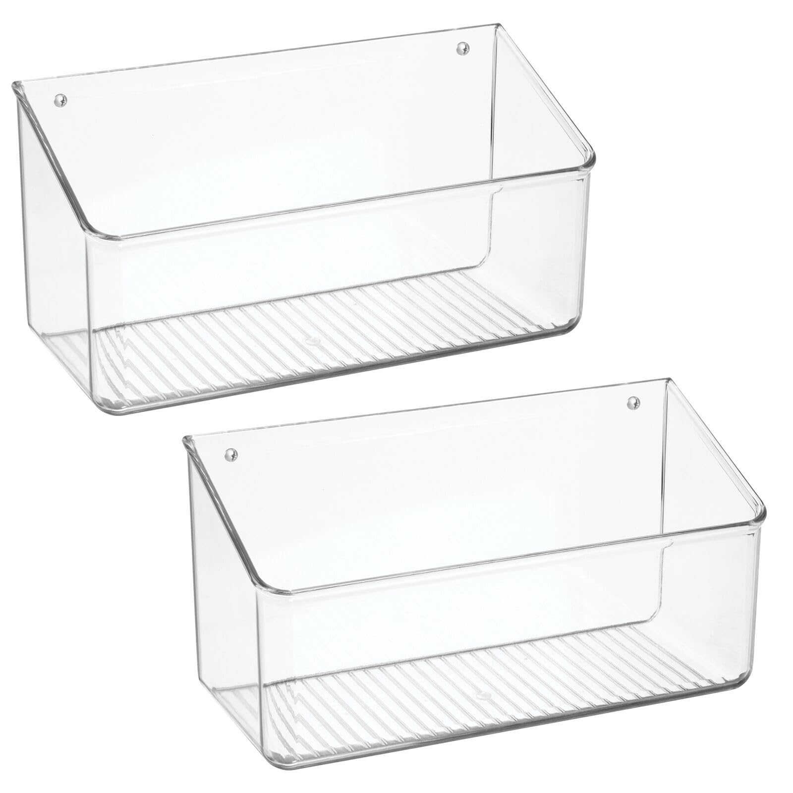 mDesign Plastic Wall Mount Organizer - 12" Wide Hanging Caddy for Home Storage - Angled Mountable Container Bin for Dorm, Bathroom, and Office - Phone Holder Basket - Ligne Collection - 2 Pack -Clear