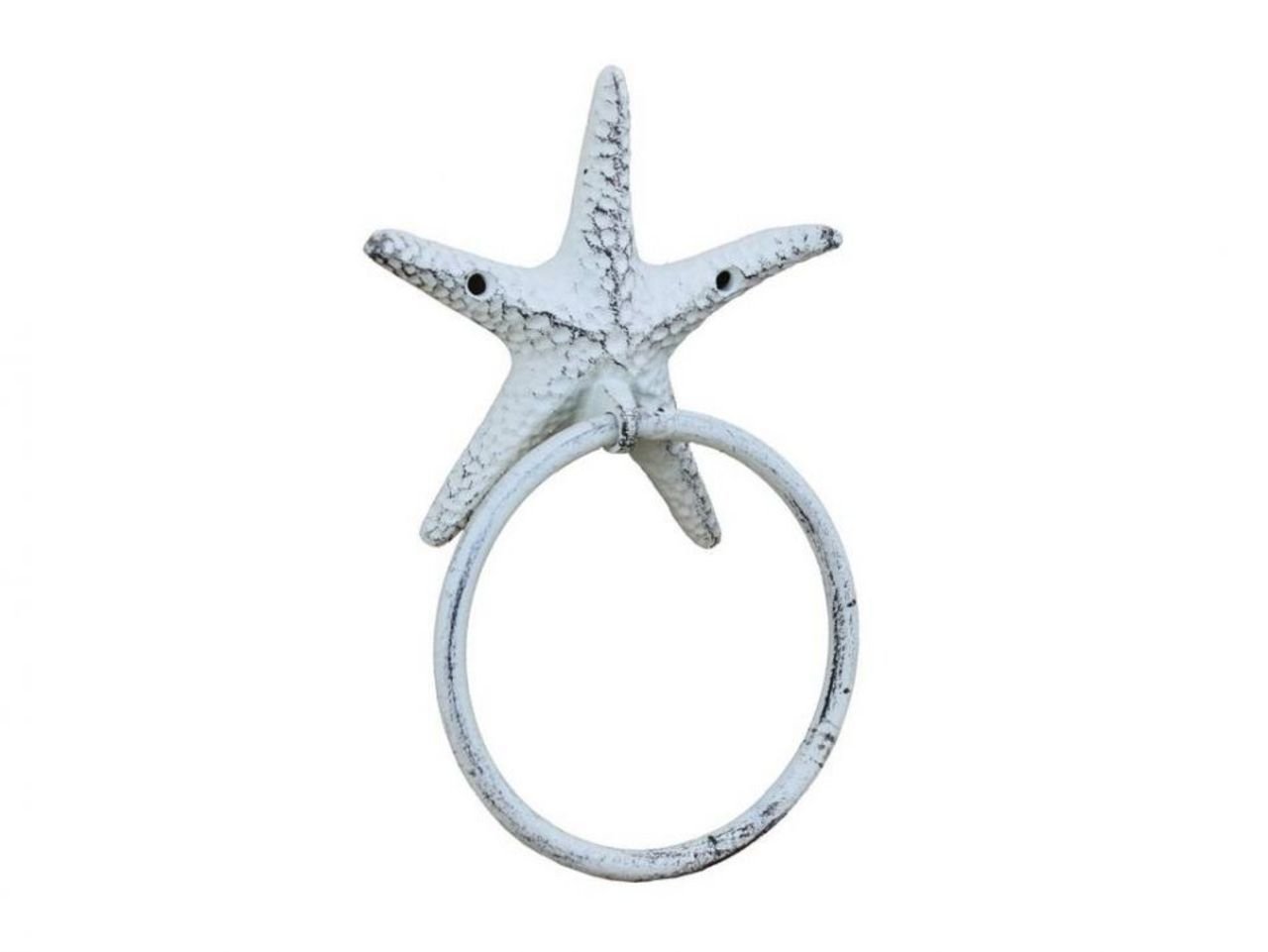 Rustic Whitewashed Cast Iron Starfish Towel Holder 8.5 Inch - Starfish Decoration - Sea Home Decor