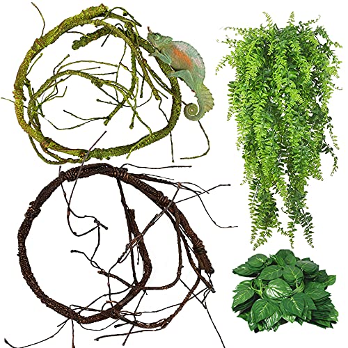 kathson 4 PCS Reptile Vines Plants Flexible Bendable Jungle Climbing Fake Vine Terrarium Plastic Plant Leaves Pet Tank Habitat DecorĀ for Bearded Dragons Lizards Geckos Snakes Frogs