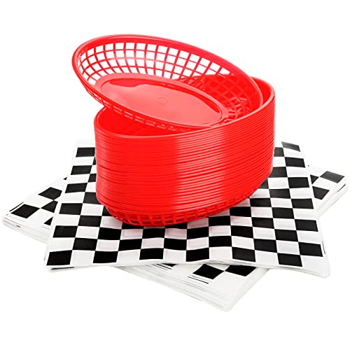 Kingrol 30 Red Oval Fast Food Baskets w/ 250 Checkered Deli Liners, 8.9 x 5.6 x 1.5 Inch Plastic Platter, Storage Basket Bin for Home, Office, School, Picnic