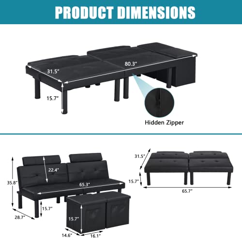 Small Faux Leather Futon Sofa Bed Adjustable Convertible Sleeper Sofa for Living Room, Apartment, Dorm w/Storage Ottoman Coffee Table Bench, Lumbar Pillows and Folding Recliner (Black Sofa Bed)