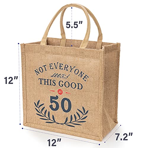 CQNET 50th Birthday Keepsake Gift Bag for Women, Novelty Jute Cotton Tote Giftable Present Bag for Mom, Wife or Friend, Beige, Medium