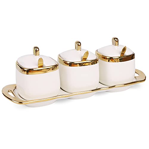 Fvstar Ceramic Sugar Bowls 3pcs Porcelain Spice Pots Salt Containers Condiment Jar Seasoning Storage Jar with Spoon and Tray,Sugar Jar for Kitchen,Coffee Bar, Countertop(White)