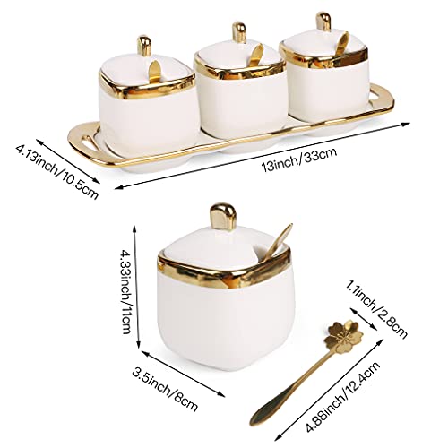 Fvstar Ceramic Sugar Bowls 3pcs Porcelain Spice Pots Salt Containers Condiment Jar Seasoning Storage Jar with Spoon and Tray,Sugar Jar for Kitchen,Coffee Bar, Countertop(White)