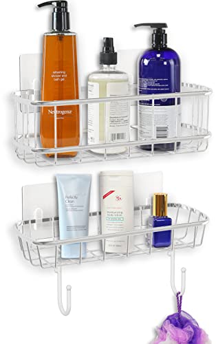 Simple Houseware 2-Tier Wall Mounted Adhesive Shower Caddy Shelf Organizer w/Hooks, Chrome