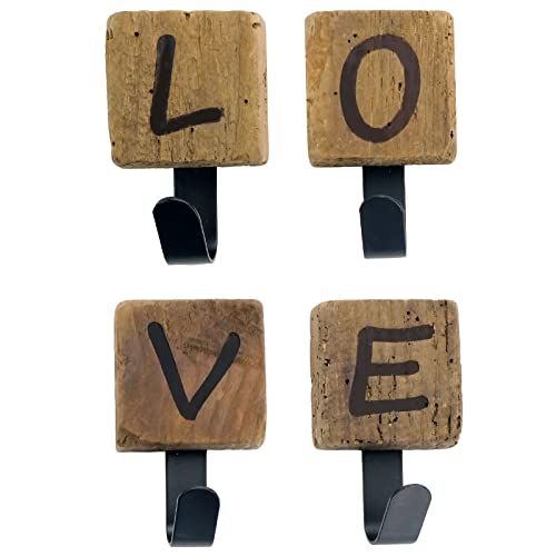 EXCELLO GLOBAL PRODUCTS 4 Coat Hooks: Love Farmhouse Solid Wood with Painted Letters and Steel Hooks. Ready to Mount on Wall.