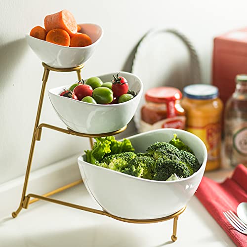 YHOSSEUN 3 Tier Serving Stand Oval Serving Bowl with Metal Rack, Tied Serving Tray Food Display Dessert Appetizer, Serving Bowl Fruit Chip Dip Bowl Set for Parties, Gold