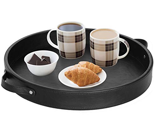 HofferRuffer PU Leather Round Tray, Serving Tray with Handles, Decorative Catchall Vanity Tray, Coffee Tray, Faux Leather Ottoman Tray for Home Or Office, Diameter 14.6-inch (Black)