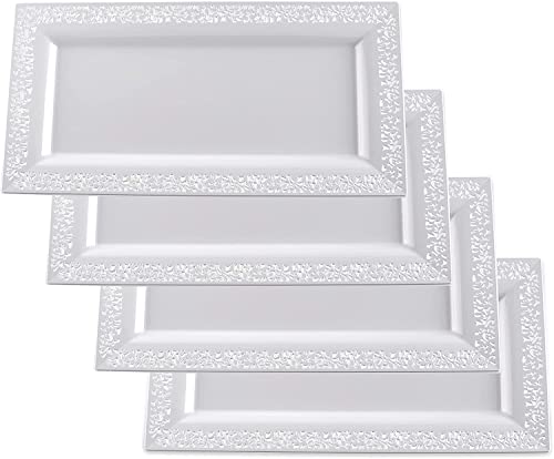 Yumchikel- Serving Tray Plastic for Party, 14" x 7.5" Platters for Serving Food, White Food Tray for Snacks, Food, Cookies, Set of 4, BPA Free