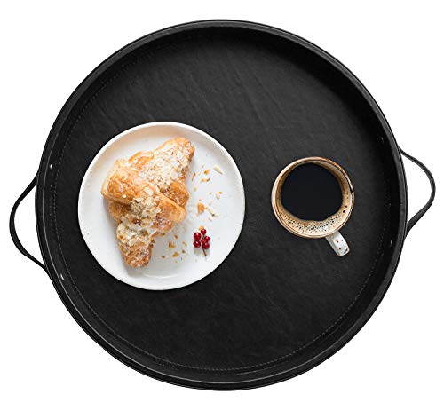HofferRuffer PU Leather Round Tray, Serving Tray with Handles, Decorative Catchall Vanity Tray, Coffee Tray, Faux Leather Ottoman Tray for Home Or Office, Diameter 14.6-inch (Black)