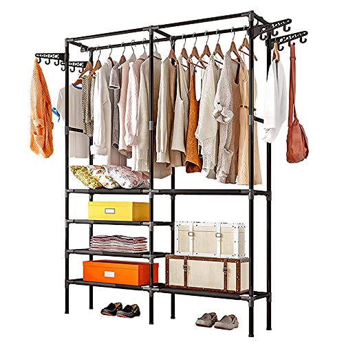 ZZBIQS 5 Tiers Metal Garment Clothing Rack Hanging Clothes Organizers with Shelves and 4 Side Hook , Compact Armoire Storage Rack, 33.8" L x 17.3" W x 68.5" H, Max Load 115 LBS, Black