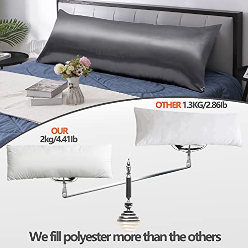 Lamberia Full Body Pillow Insert for Adults with Silky Satin Pillow Cover for Hair and Skin. Breathable Pillow for Sleeping in Various Positions, 20"x54" Dark Gray