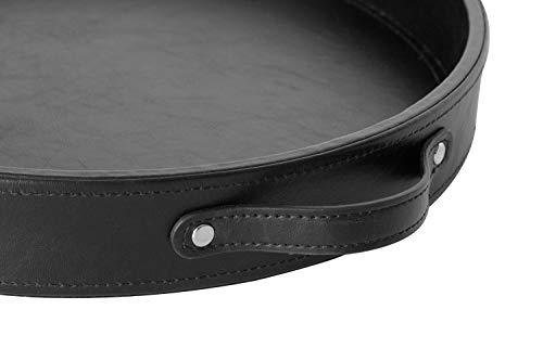 HofferRuffer PU Leather Round Tray, Serving Tray with Handles, Decorative Catchall Vanity Tray, Coffee Tray, Faux Leather Ottoman Tray for Home Or Office, Diameter 14.6-inch (Black)