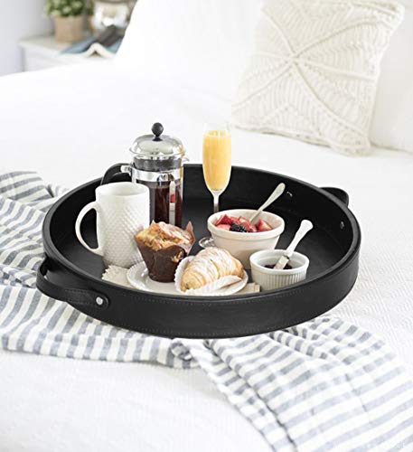 HofferRuffer PU Leather Round Tray, Serving Tray with Handles, Decorative Catchall Vanity Tray, Coffee Tray, Faux Leather Ottoman Tray for Home Or Office, Diameter 14.6-inch (Black)