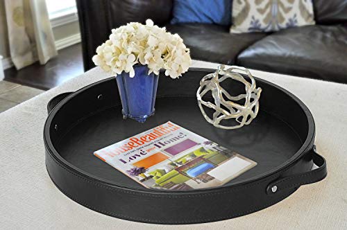 HofferRuffer PU Leather Round Tray, Serving Tray with Handles, Decorative Catchall Vanity Tray, Coffee Tray, Faux Leather Ottoman Tray for Home Or Office, Diameter 14.6-inch (Black)