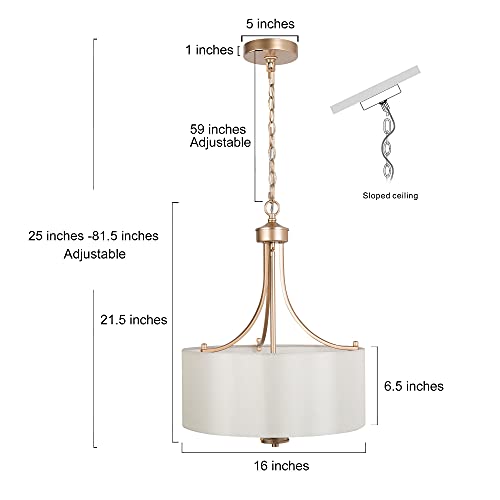 classy leaves Gold Chandelier Light Fixture, 4-Light Modern Drum Chandelier Lighting, Gold Pendant Light with White Fabric Shade for Dining Room, Kitchen Island, Foyer, Living Room, 16ββ D x 21.5ββ H