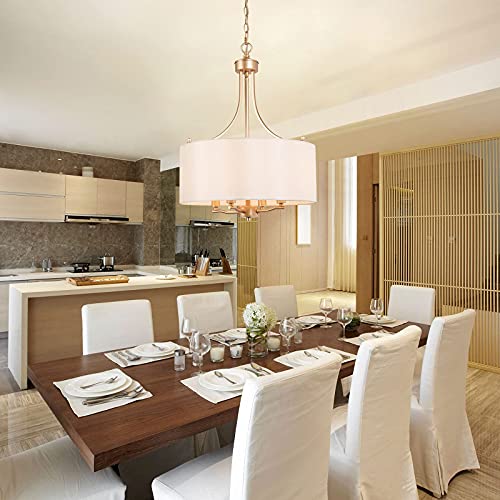 classy leaves Gold Chandelier Light Fixture, 4-Light Modern Drum Chandelier Lighting, Gold Pendant Light with White Fabric Shade for Dining Room, Kitchen Island, Foyer, Living Room, 16ββ D x 21.5ββ H