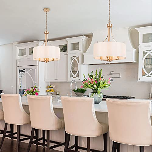 classy leaves Gold Chandelier Light Fixture, 4-Light Modern Drum Chandelier Lighting, Gold Pendant Light with White Fabric Shade for Dining Room, Kitchen Island, Foyer, Living Room, 16ββ D x 21.5ββ H