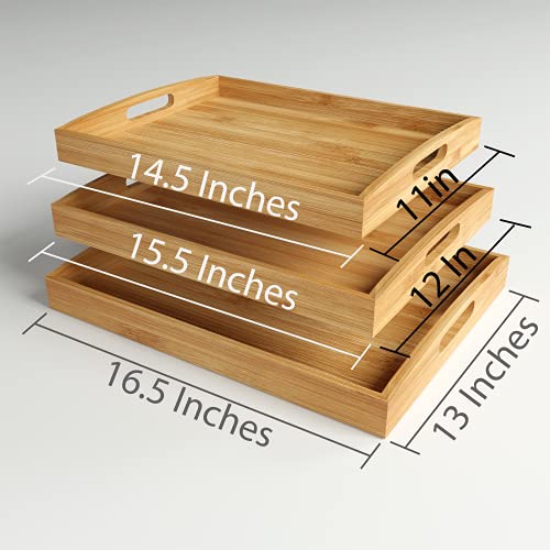 Set of 3 Large Bamboo Serving Trays β Large Serving Tray with Handles β Coffee Table Tray β Food Tray β Bed Tray