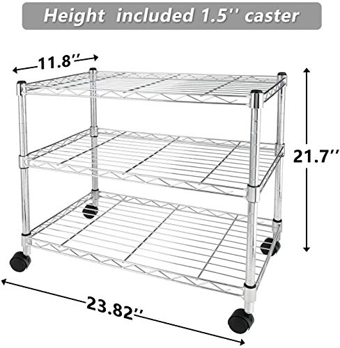 YSSOA Heavy Duty 3-Shelf Shelving Unit with Wheels, Plug Version, 23.82" D x 11.80" W x 20.20" H, Chrome, 3 Tier