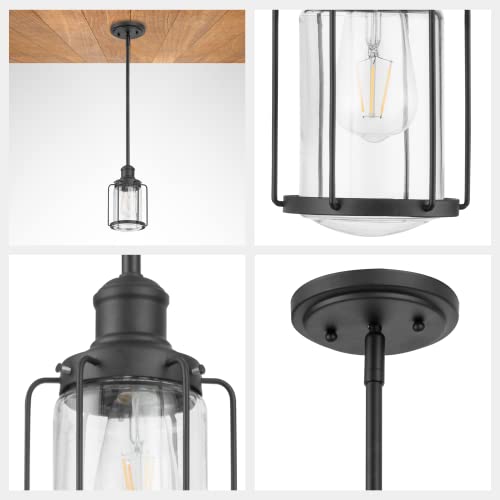 Prominence Home Lincoln Woods 1 Light Matte Black Industrial Pendant Light with Cage and Clear Glass
