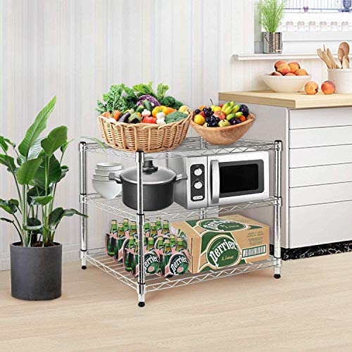 YSSOA Heavy Duty 3-Shelf Shelving Unit with Wheels, Plug Version, 23.82" D x 11.80" W x 20.20" H, Chrome, 3 Tier