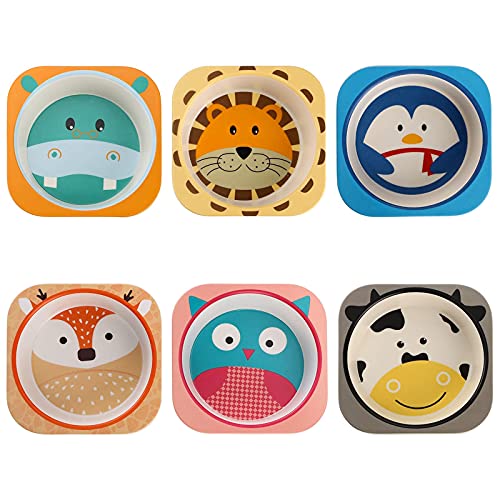 ZEAYEA 6 Pack Bamboo Kids Bowls, 10 Oz Durable Cartoon Bowls for Children, BPA Free Cute Snacks Bowls, Square Dinner Tableware for Serving Soup, Cereal, Pasta, Ice Cream, Dishwasher Safe