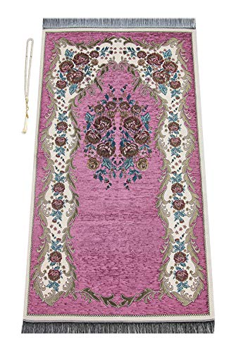 Muslim Prayer Rug with Prayer Beads | Janamaz | Sajadah | Soft Islamic Prayer Rug | Islamic Gifts | Prayer Carpet Mat, Chenille Fabric, Rose