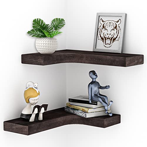 Cayln Corner Floating Shelves Wall Mounted, Invisible Mounting Brackets, Thick Rustic Wood Wall Shelves for Bedroom, Living Room, Bathroom, Kitchen, Set of 2, Brown