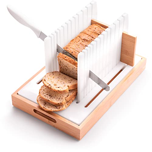 Bread Slicer for Homemade Bread With Long Knife & Crumb Tray - Compactable Bread Slicer Guide For Homemade Bread Adjustable, 3 Size, 3 Thickness - Bread Cutter for Homemade Bread, Loaf, Bagel, Bun