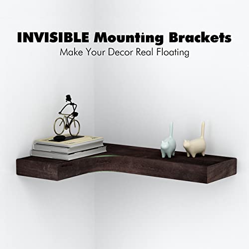Cayln Corner Floating Shelves Wall Mounted, Invisible Mounting Brackets, Thick Rustic Wood Wall Shelves for Bedroom, Living Room, Bathroom, Kitchen, Set of 2, Brown