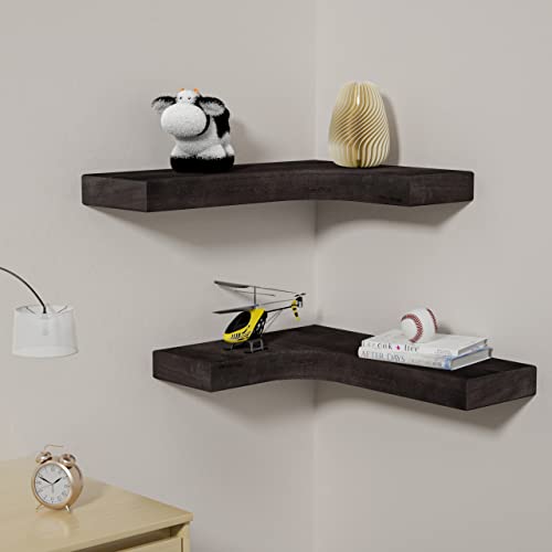 Cayln Corner Floating Shelves Wall Mounted, Invisible Mounting Brackets, Thick Rustic Wood Wall Shelves for Bedroom, Living Room, Bathroom, Kitchen, Set of 2, Brown
