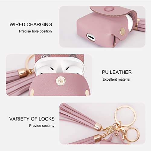 Simpolor Designed for Airpods Case (1st and 2nd Generation), Premium PU Leather AirPods Case Cover with Tassels and Metal Buckles, Compatible with Wireless Charging Cute Airpod Pouch Case, Pink