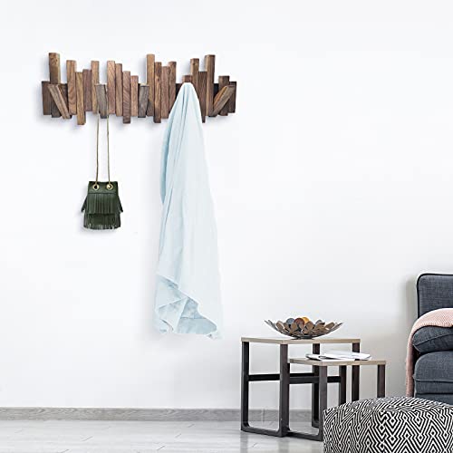 DESAINOPH® Wooden Coat Rack Wall Mounted Sticks Multi Rack Solid Handmade Natural Walnut Wood Artwork with 5 Flip-Down Unique Modern Hooks for Coats Bag Hat Umbrella