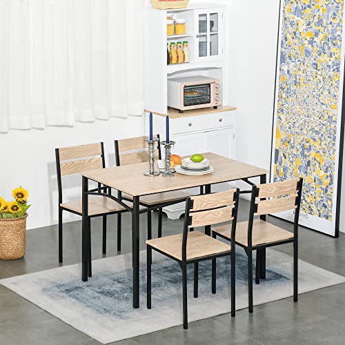 HOMCOM Rustic Industrial 5-Piece Dining Table Set Black Metal with 4 Chairs for Kitchen, or Dining Room, Oak