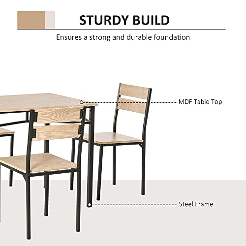 HOMCOM Rustic Industrial 5-Piece Dining Table Set Black Metal with 4 Chairs for Kitchen, or Dining Room, Oak