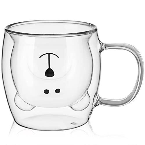 Cute Bear Tea Cup Double Wall Glass Milk Coffee Bear Mug with Handle Insulated Espresso christmas Beer Cup Cute Birthday gift for Women Men Valentine's Day, 250 ml/ 8.4 oz (White, 1 Piece)