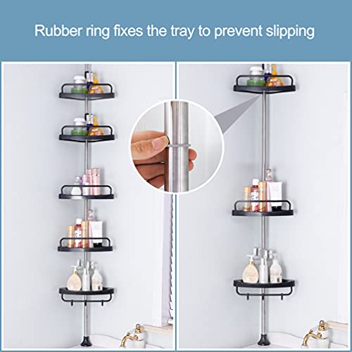BAOYOUNI 5-Tier Shower Corner Caddy Tension Pole Adjustable Bathroom Shelf Floor to Ceiling Storage Rack Organizer Holder with Towel Bar - No Drilling - Black
