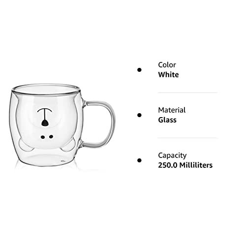 Cute Bear Tea Cup Double Wall Glass Milk Coffee Bear Mug with Handle Insulated Espresso christmas Beer Cup Cute Birthday gift for Women Men Valentine's Day, 250 ml/ 8.4 oz (White, 1 Piece)