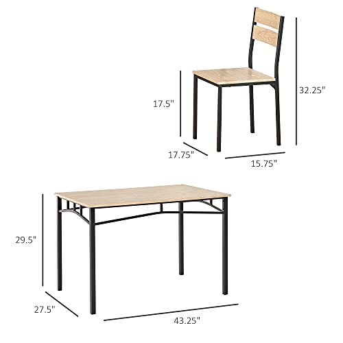 HOMCOM Rustic Industrial 5-Piece Dining Table Set Black Metal with 4 Chairs for Kitchen, or Dining Room, Oak