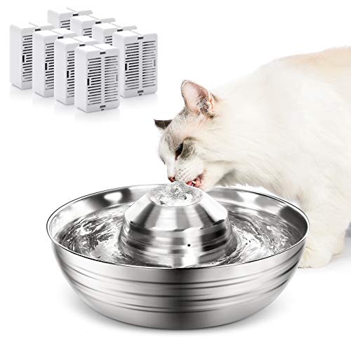 OPOLEMIN Stainless Steel Cat Water Fountain with 8 Replacement Filters, 67oz/2L Cat Water Dispenser Easy Assemble& Clean, Pet Water Fountain for Small Cats Dogs Inside (with Power Adapter)