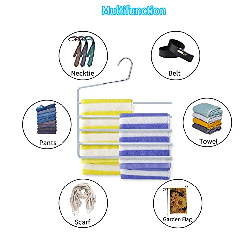 Nature Smile 4 Pack Heavy Duty Multi Layers Metal Pant Slack Hangers,Non-Slip 5-Tier Open-Ended Pants Hanger Closet Storage Organizer for Garden Flags Trousers Jeans Scarf(Silvery Grey Color