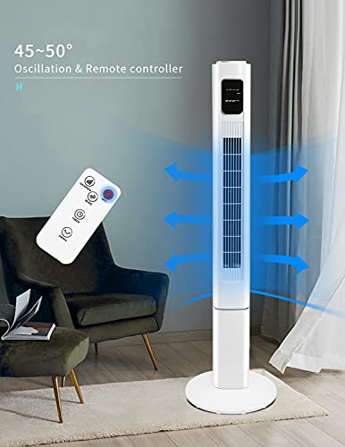 R.W.FLAME Household Tower Fans with Remote,47" Oscillating Cooling Fans Built-in Timer Portable Floor Fan, 3 Modes 3 Speeds (White, 47")