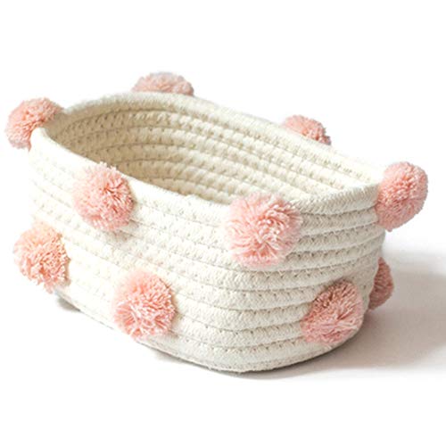 Ctzrzyt Quata Cotton Woven Storage Basket Cute Pompom Decor Sundries Finishing Box Cosmetic Toys Organizer Frame Pink S